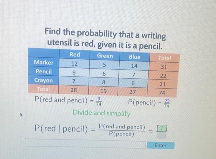 Solved Find the probability that a writing utensil is red, | Chegg.com
