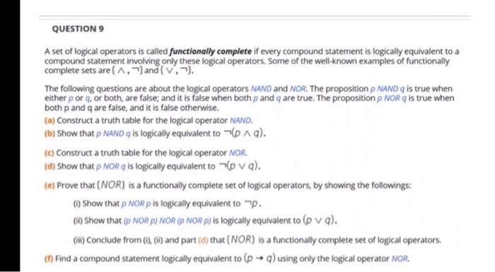 Solved Question 9 A Set Of Logical Operators Is Called 