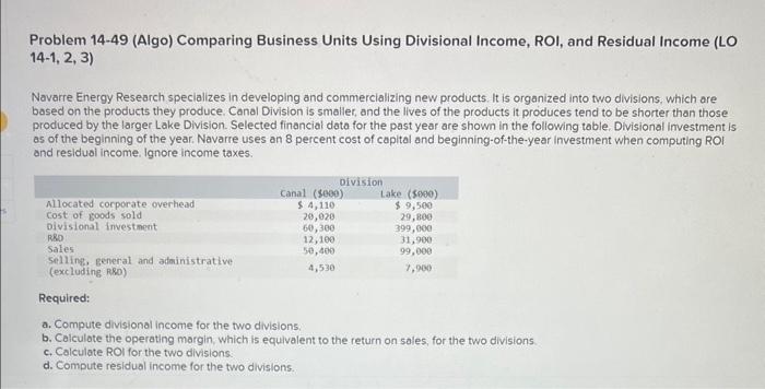 Solved Problem 14-49 (Algo) Comparing Business Units Using | Chegg.com
