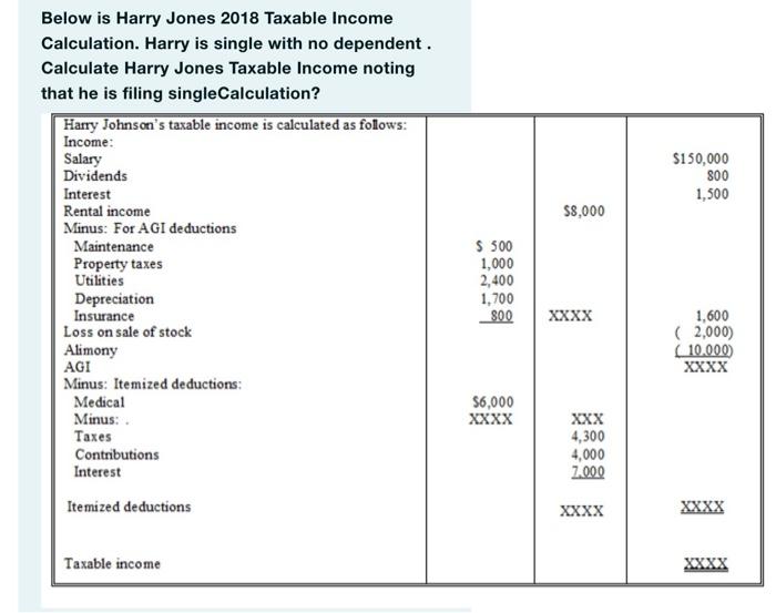Solved Below is Harry Jones 2018 Taxable Income Calculation. | Chegg.com