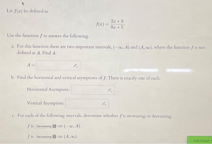 Solved Let f(x) be defined as f(x)=8x+52x+9. Use the | Chegg.com