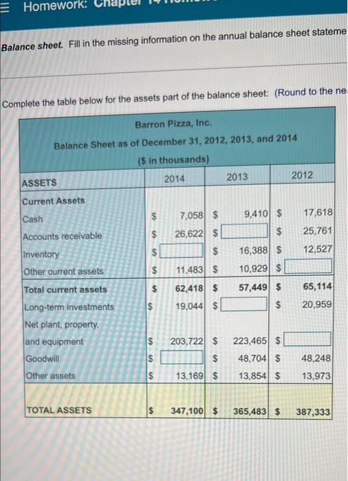Solved Homework: Balance sheet. Fill in the missing | Chegg.com