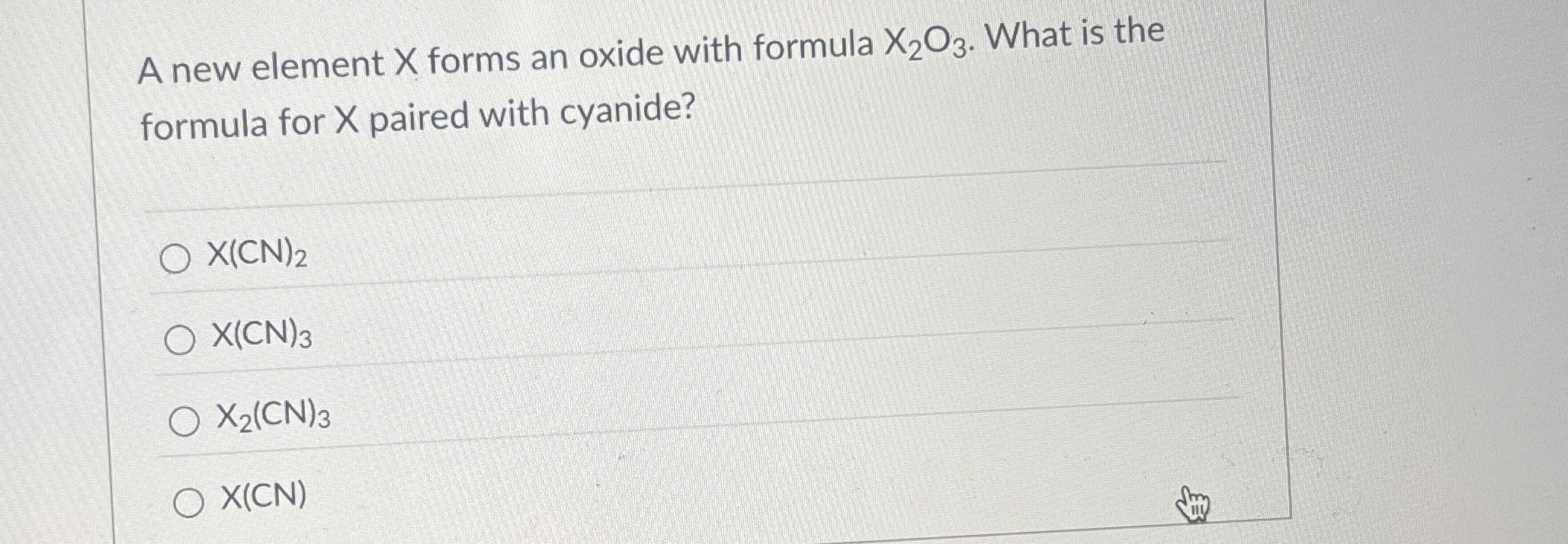 Solved A new element x ﻿forms an oxide with formula x2O3. | Chegg.com