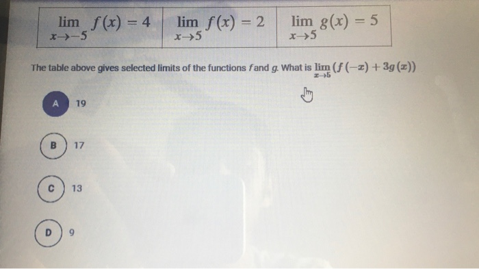 Solved lim f(x) = 4 lim f(x) = 2 lim 8(x) = 5 x-→-5 x >5 The | Chegg.com