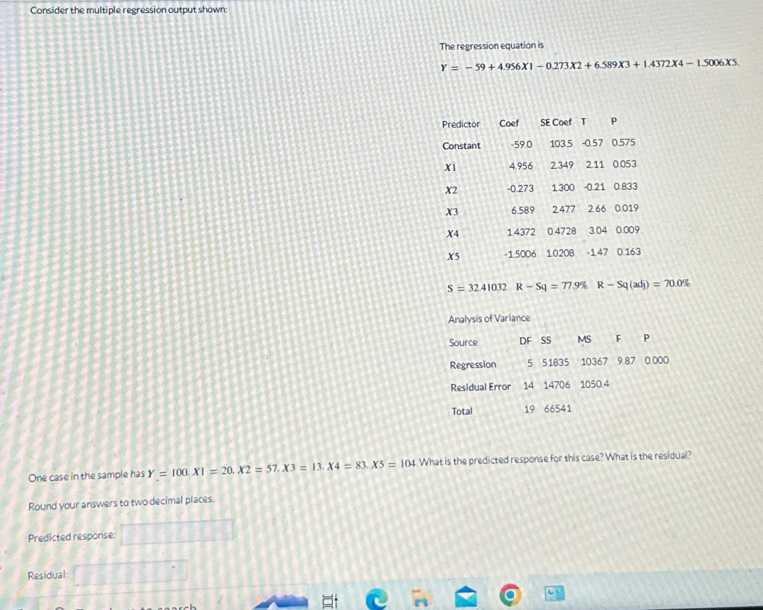 Solved Consider the multiple regression output shown:The | Chegg.com
