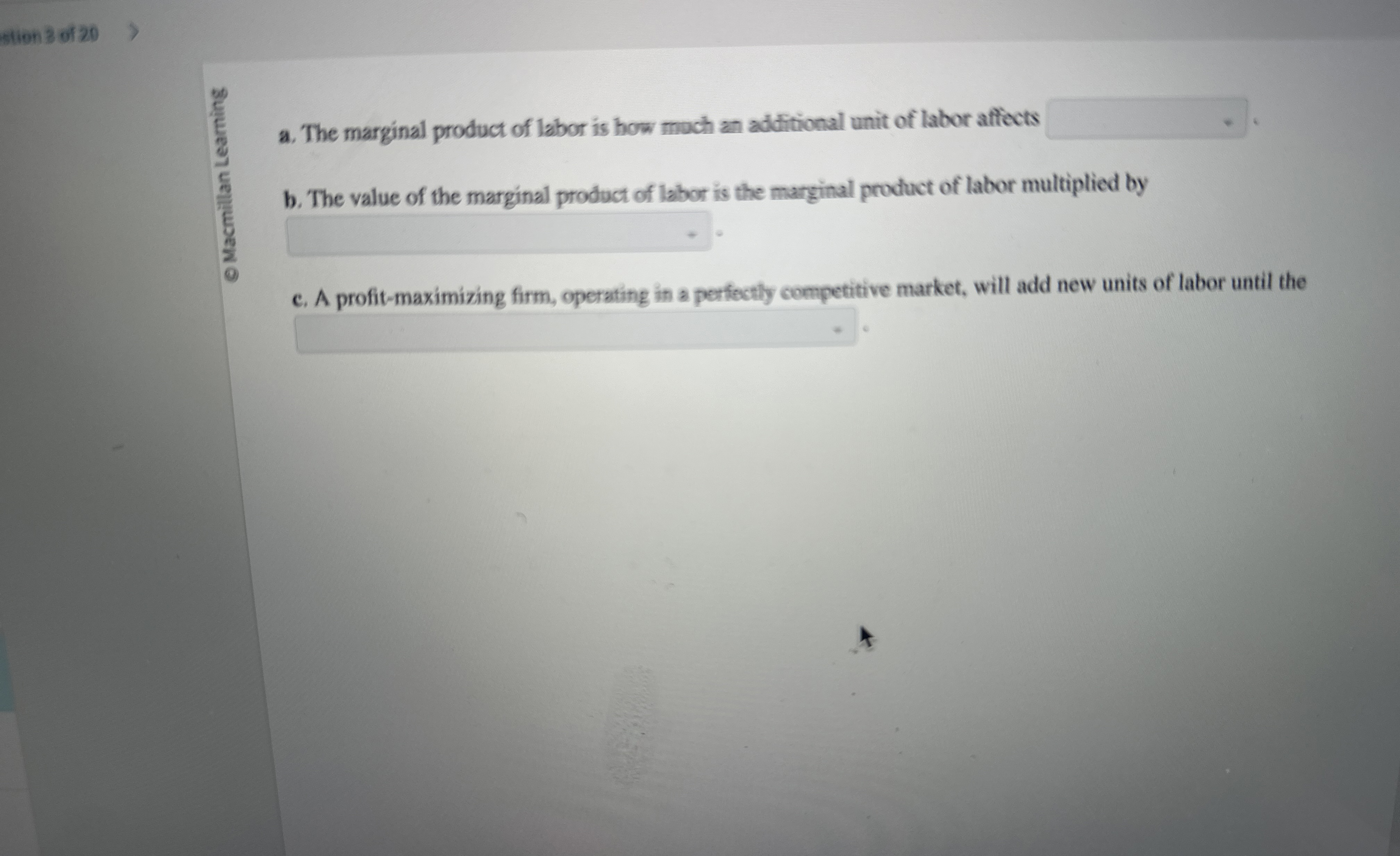 Solved stion 3 ﻿of 20a. ﻿The marginal product of labor is | Chegg.com