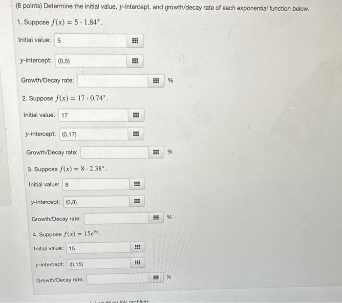 Solved 8 points) Determine the initial value, y-intercept, | Chegg.com