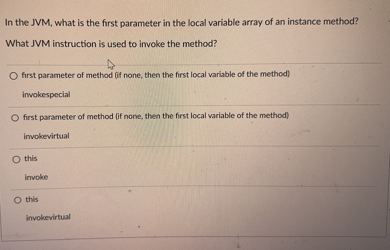 Solved In the JVM, ﻿what is the first parameter in the local | Chegg.com