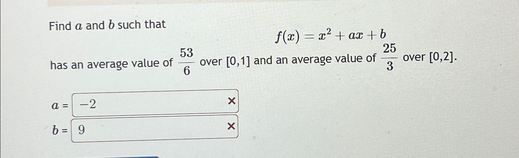 Solved Find a and b ﻿such thatf(x)=x2+ax+bhas an average | Chegg.com