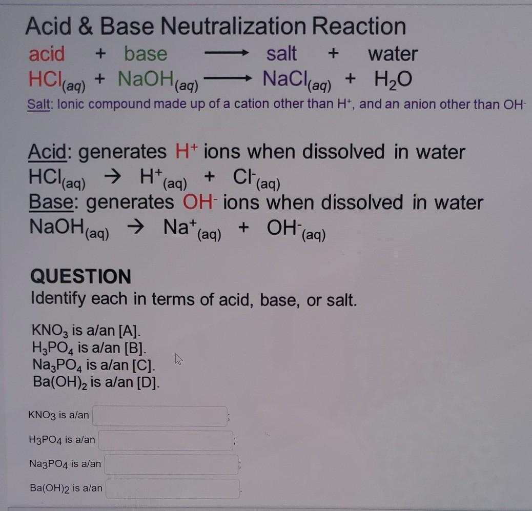 Solved Acid & Base Neutralization Reaction acid + base salt | Chegg.com