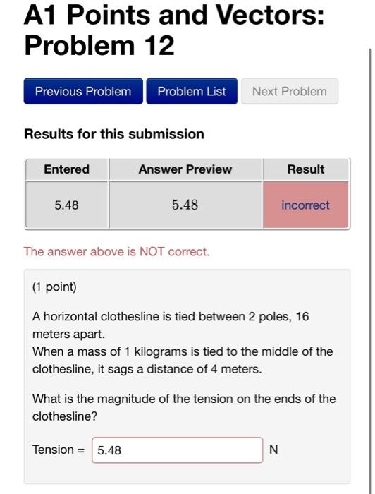 Solved A1 Points and Vectors: Problem 12 Results for this | Chegg.com