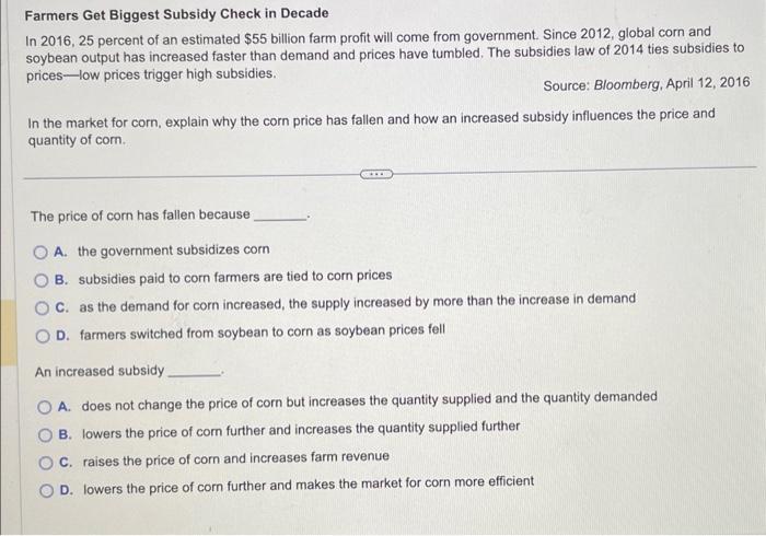 Solved Farmers Get Biggest Subsidy Check in Decade In 2016, | Chegg.com