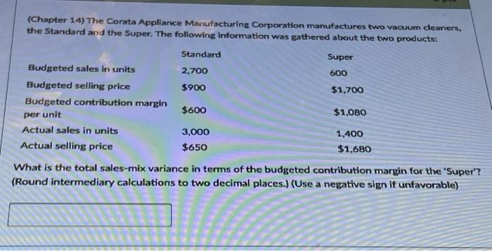 Solved (Chapter 14) The Corata Appliance Manufacturing | Chegg.com
