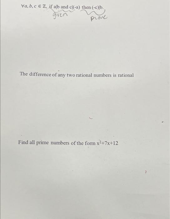 Solved Va,b,c e Z, if alb and cl(-a) then (--)|b. given | Chegg.com