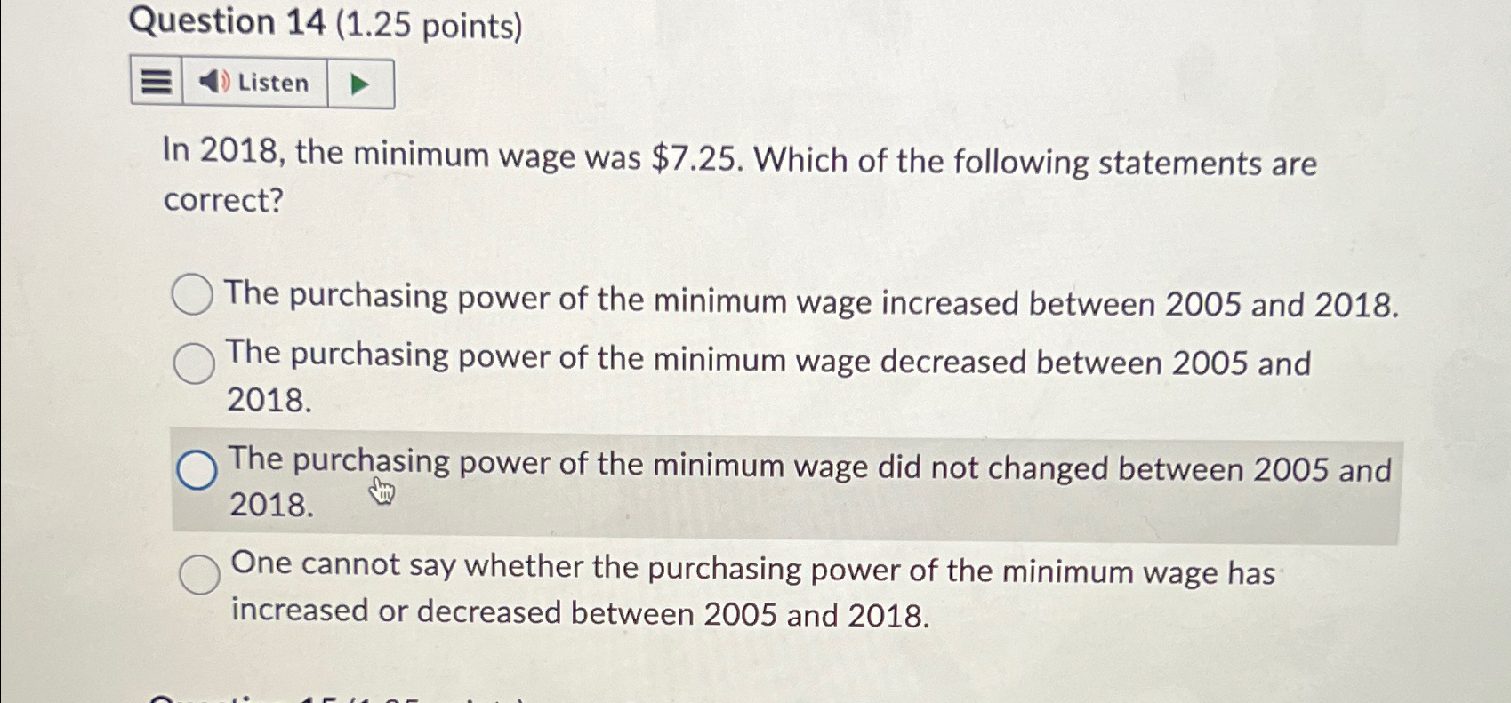 Solved Question 14 (1.25 ﻿points)In 2018 , ﻿the minimum wage | Chegg.com