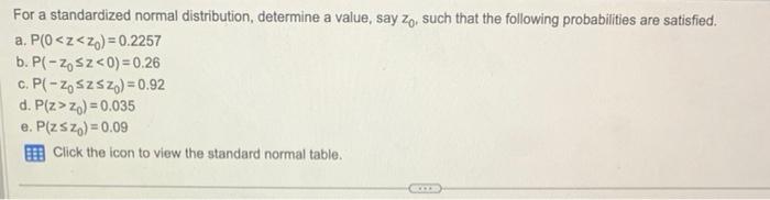 Solved For a standardized normal distribution, determine a | Chegg.com