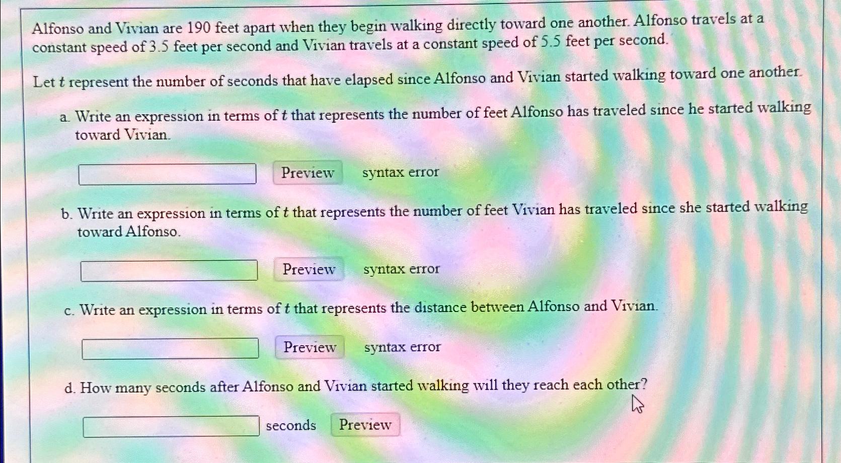 Solved Alfonso and Vivian are 190 ﻿feet apart when they | Chegg.com