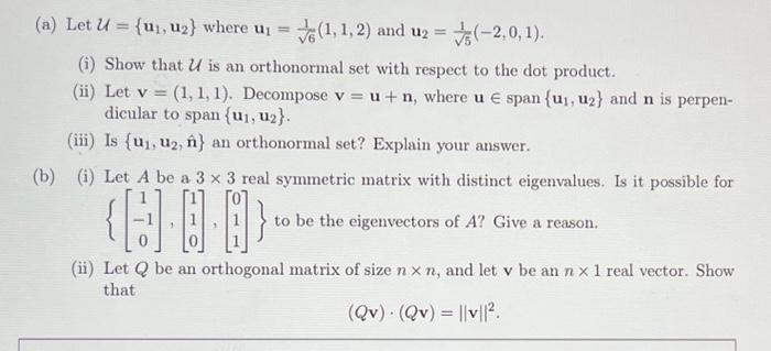 Solved (a) Let U={u1,u2} where u1=61(1,1,2) and | Chegg.com