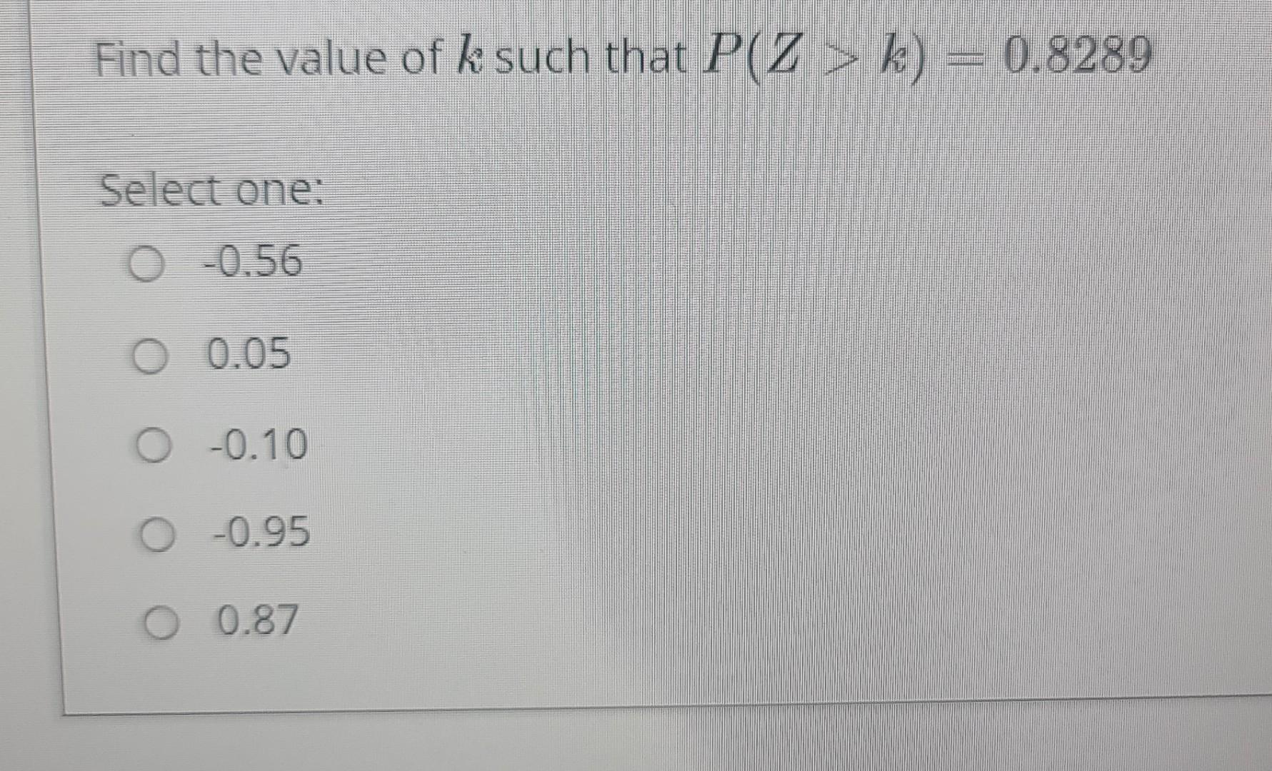 Solved Find the value of k such that P(Z > k) = 0.8289 | Chegg.com