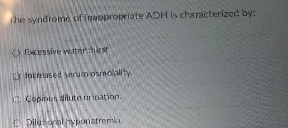 Solved The syndrome of inappropriate ADH is characterized | Chegg.com