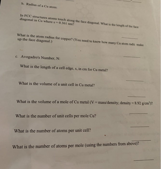 Solved b. Radius of a Cu atom: In FCC structures atoms touch | Chegg.com