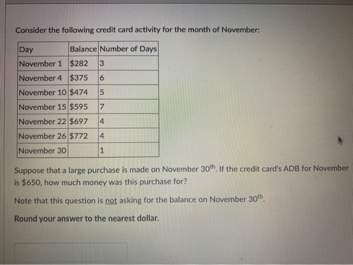 Solved Consider the following credit card activity for the | Chegg.com