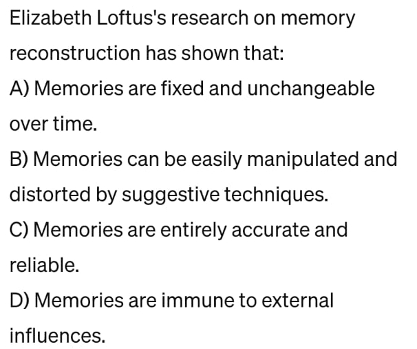 Solved Elizabeth Loftus's research on memory reconstruction | Chegg.com