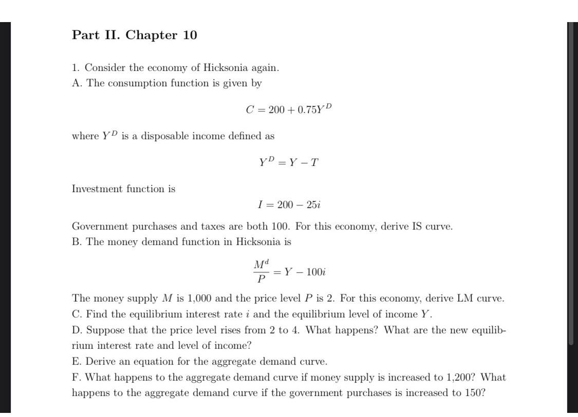 Solved Part II. ﻿Chapter 10Consider the economy of Hicksonia | Chegg.com