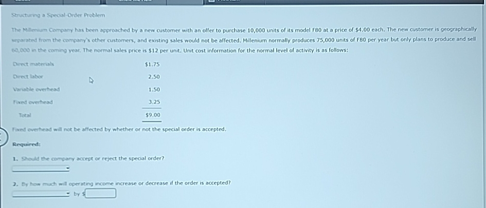 Solved Structuring a Specal-Order ProblemThe Millenium | Chegg.com