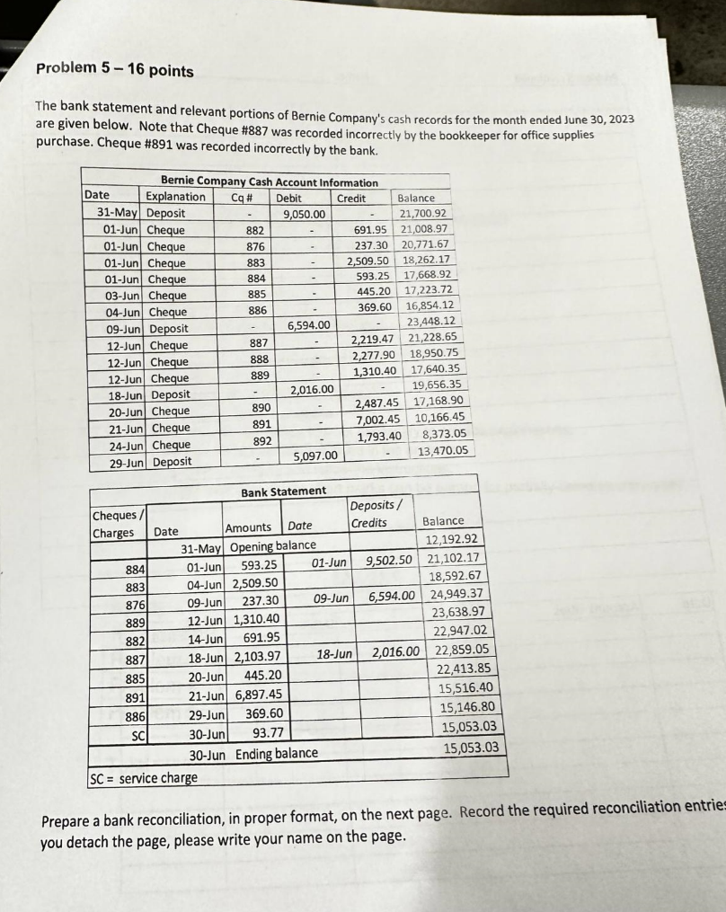 Solved Problem 5 - 16 ﻿pointsThe bank statement and relevant | Chegg.com