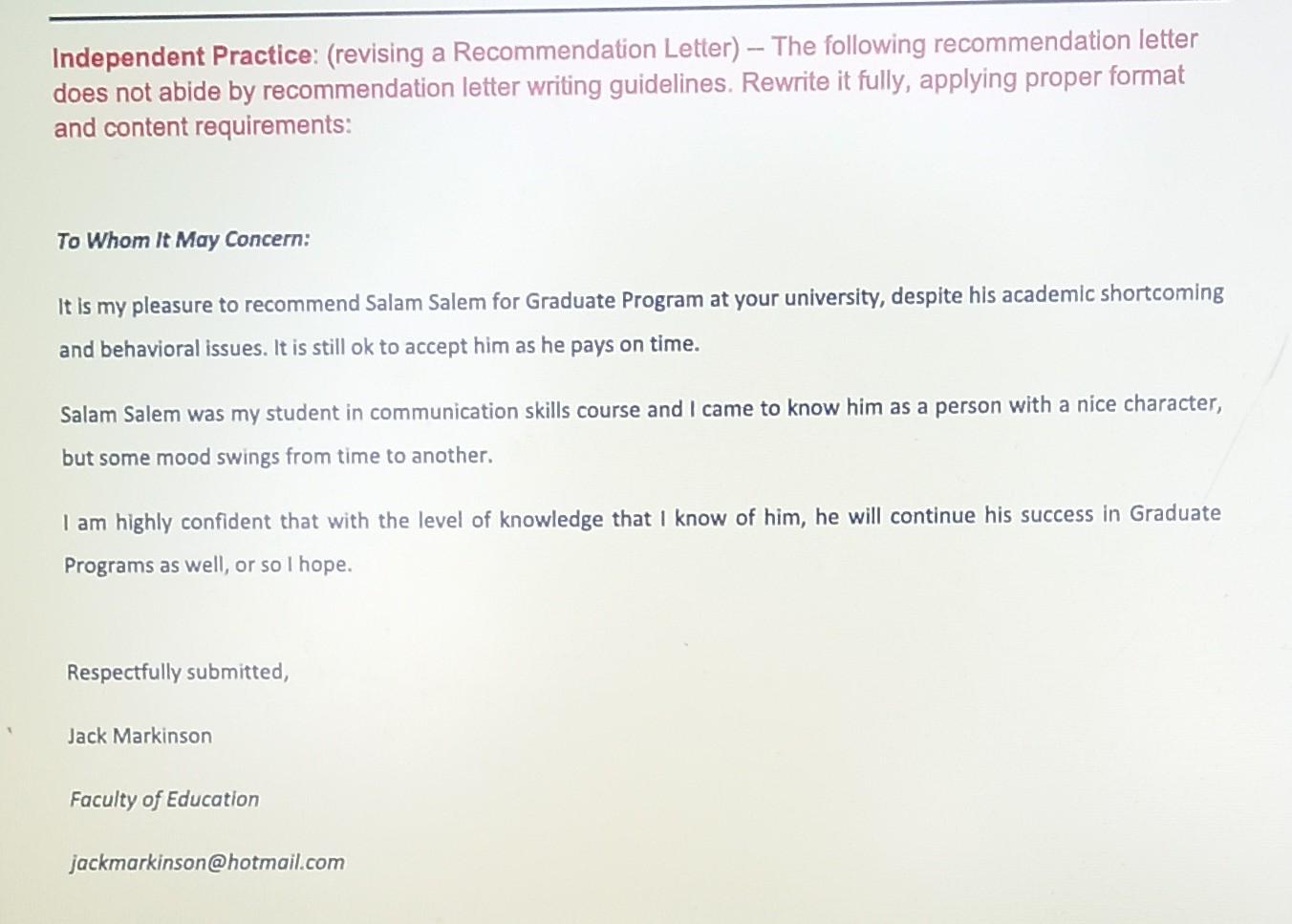 Independent Practice: (revising a Recommendation | Chegg.com