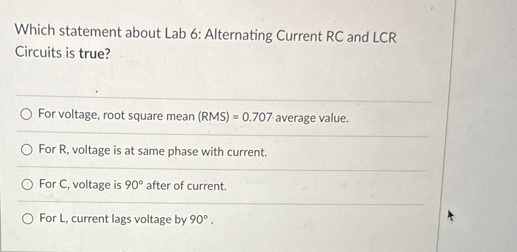 Solved Which statement about Lab 6: Alternating Current RC | Chegg.com