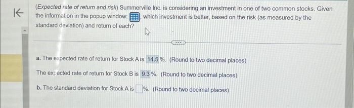 Solved (Expected rate of retum and risk) Summerville Inc. is | Chegg.com