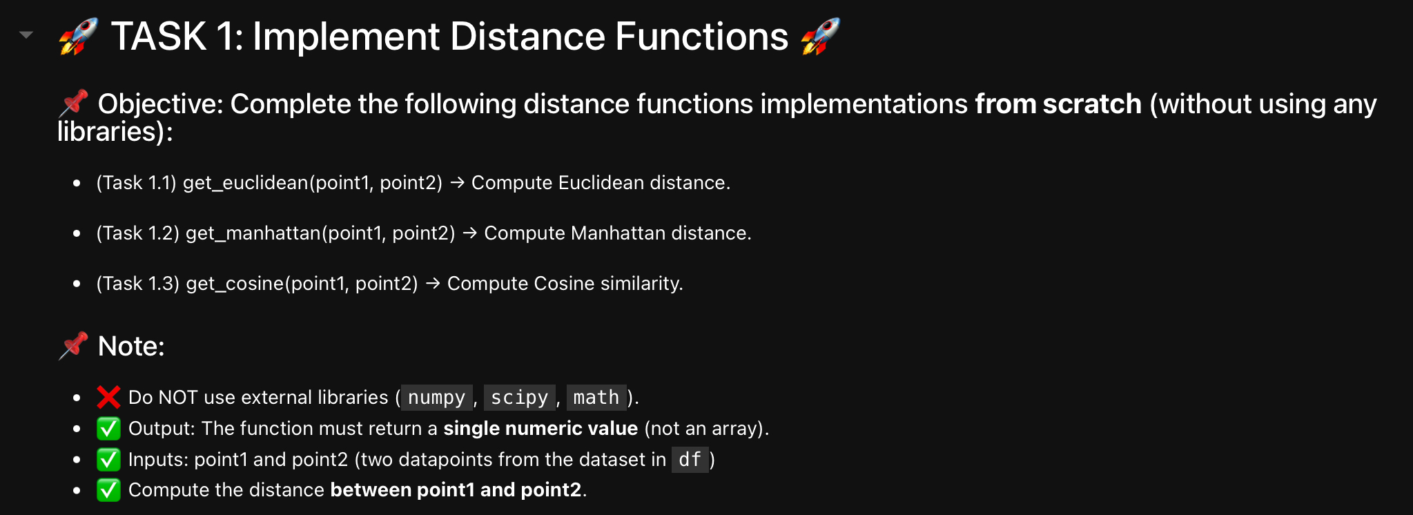 TASK 1: Implement Distance Functions\% ﻿Objective: | Chegg.com
