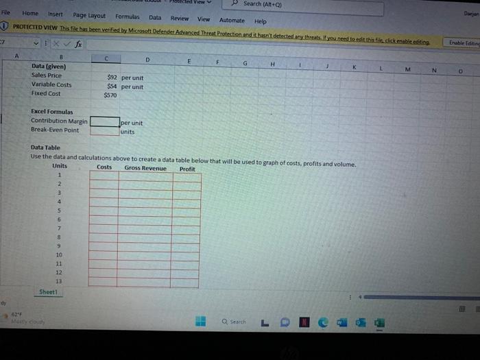 Excel Formulas Contribution Margin Break-Even Point | Chegg.com