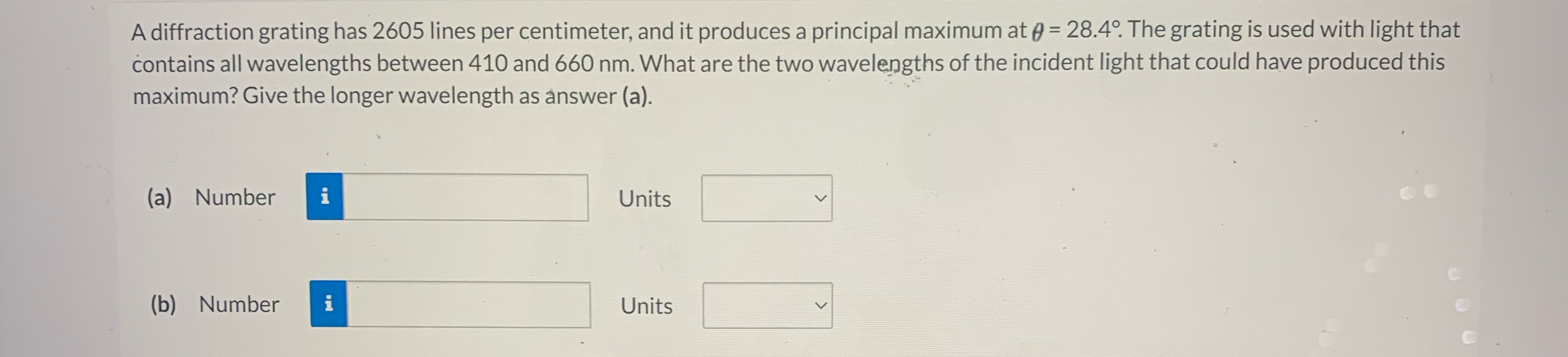 Solved A diffraction grating has 2605 ﻿lines per centimeter, | Chegg.com