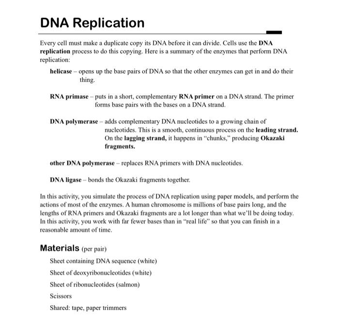 Solved To better understand the process of DNA replication | Chegg.com