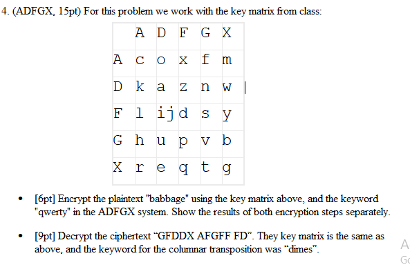 Solved (ADFGX, 15pt) ﻿For this problem we work with the key | Chegg.com