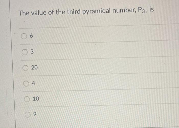 Solved The value of the third pyramidal number, P3, is 6 3 | Chegg.com