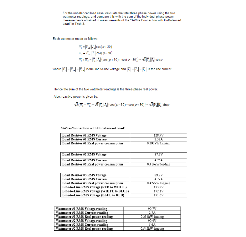 Solved For the unbalanced load case, calculate the total | Chegg.com