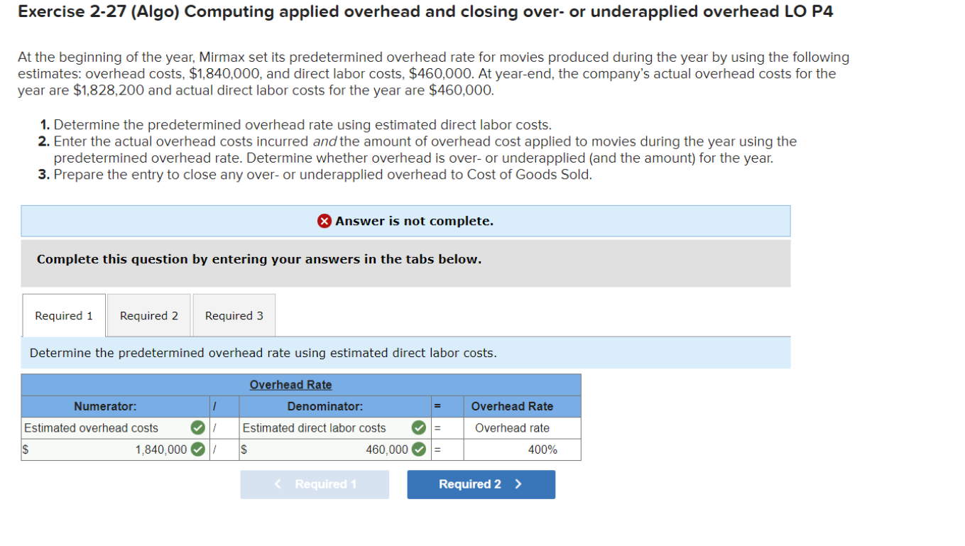 Solved Exercise 2-27 (Algo) ﻿Computing applied overhead and | Chegg.com