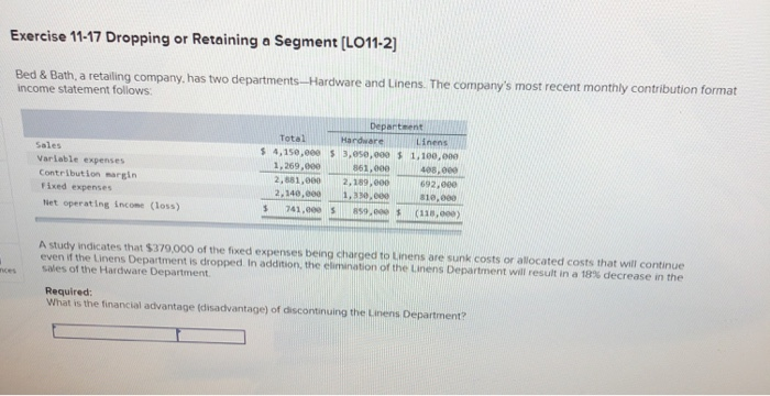 Solved Exercise 11-17 Dropping or Retaining a Segment | Chegg.com