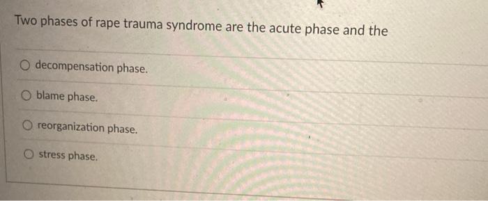 Solved Two phases of rape trauma syndrome are the acute | Chegg.com