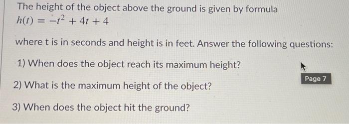 Solved The height of the object above the ground is given by | Chegg.com