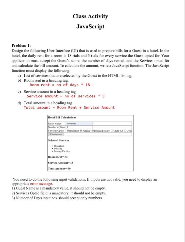 Solved Class Activity JavaScript Problem 1: Design the | Chegg.com