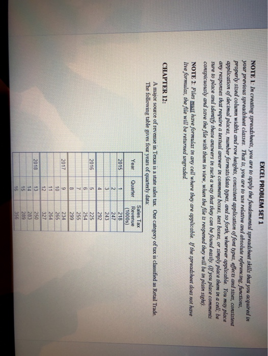 EXCEL PROBLEM SET 1 NOTE : In creating spreadsheets, | Chegg.com