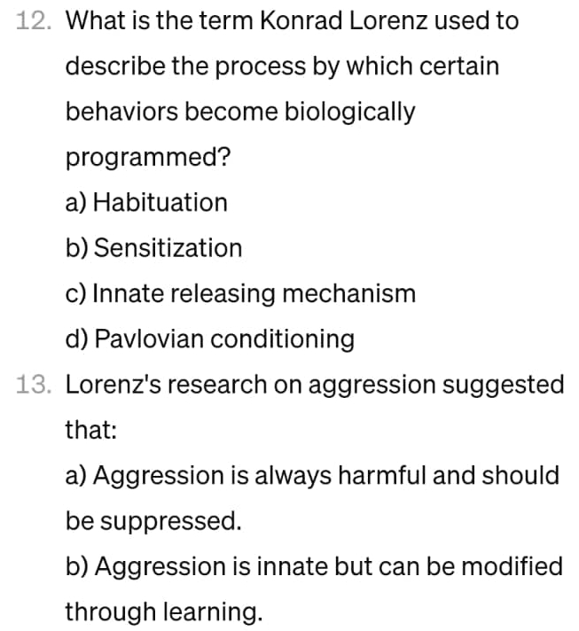 Solved What is the term Konrad Lorenz used to describe the | Chegg.com