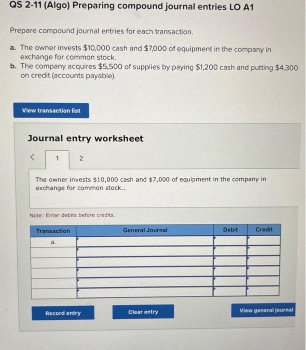 Solved QS 2-11 (Algo) Preparing compound journal entries LO | Chegg.com