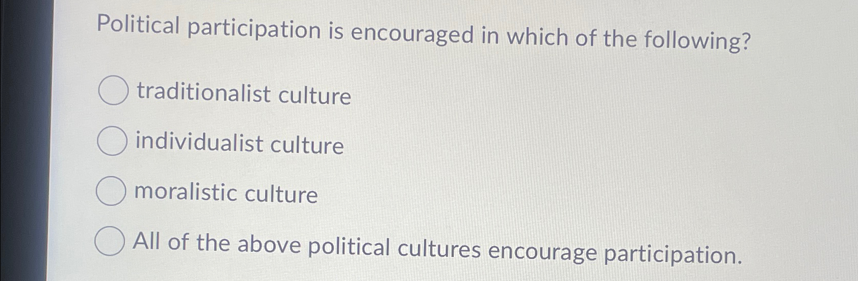 Solved Political participation is encouraged in which of the | Chegg.com