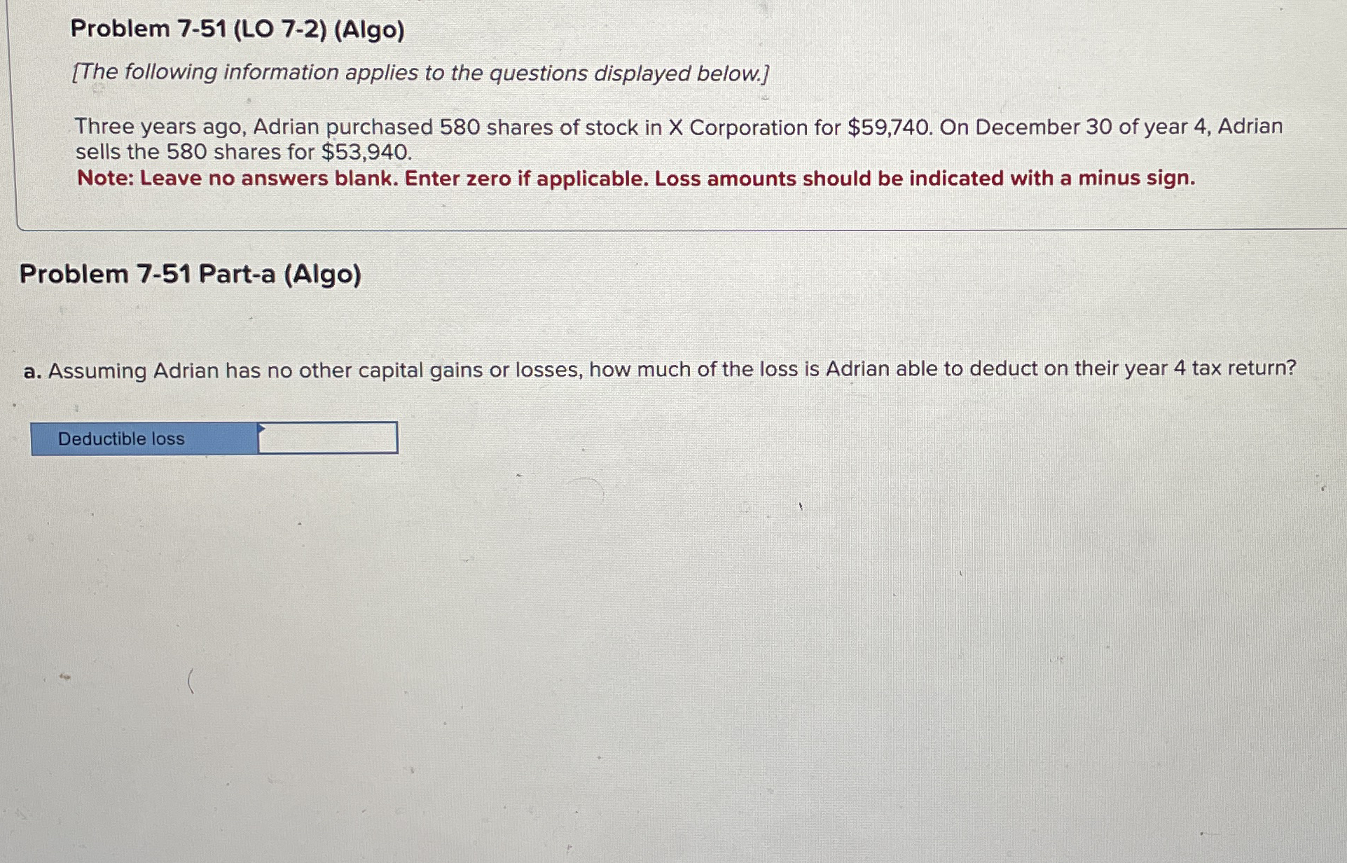 Solved Problem 7-51 (LO 7-2) (Algo)[The following | Chegg.com